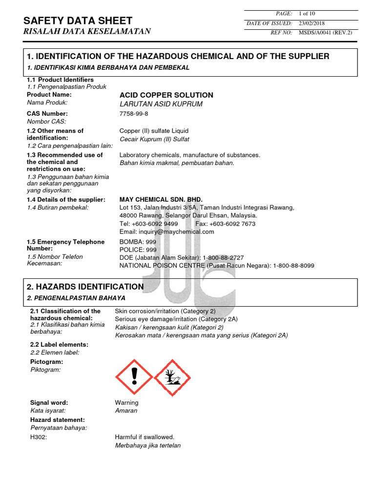 Acid Copper Solution Safety Data Sheet | PDF | Personal Protective ...