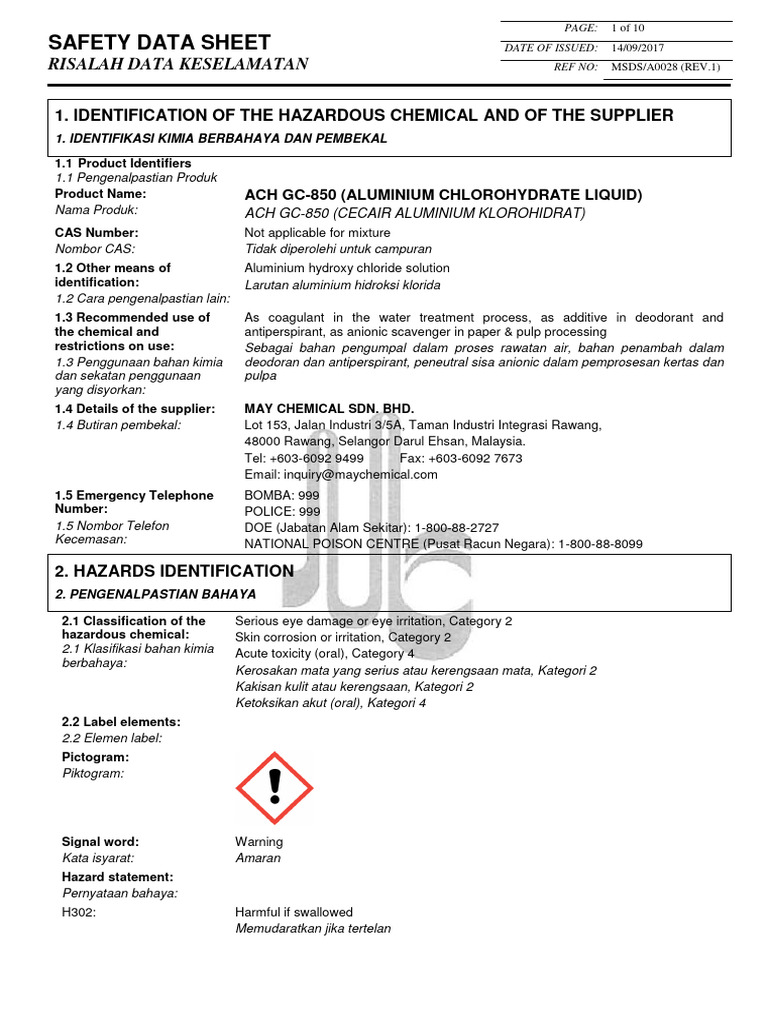 Bahaya Aluminium Klorohidrat ACH GC-850 | PDF