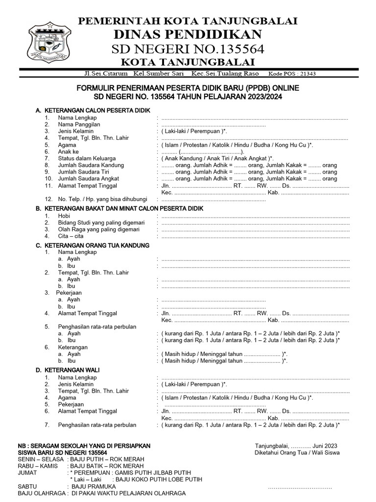 Formulir Pendaftaran Siswa Baru SDN 135564 2023 | PDF