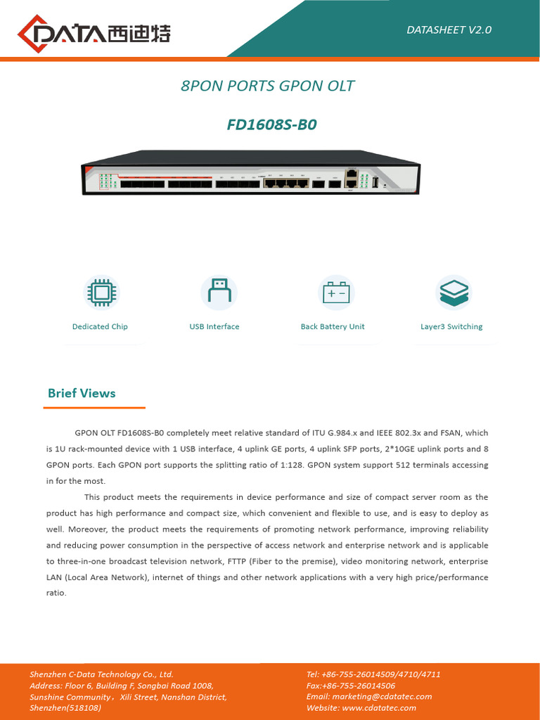 Cdata Fd1608s-b0 Olt Ds | Download Free PDF | Computer Network | Network Switch