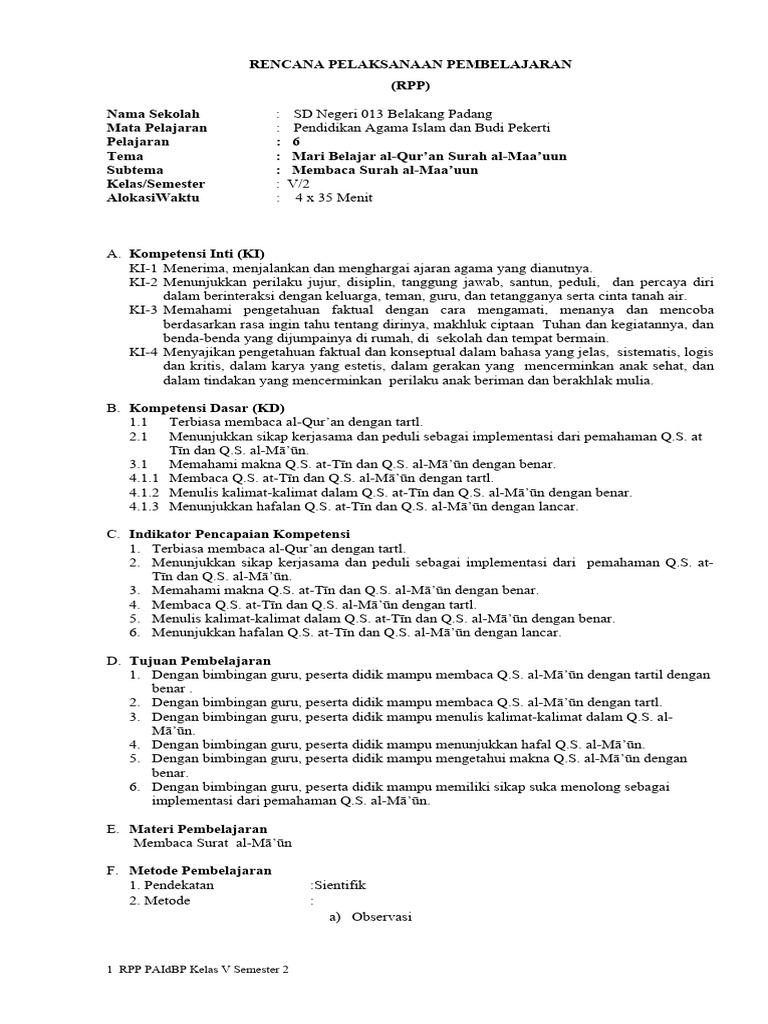 RPP PAI Kelas V Semester Genap 2022-2023 | PDF