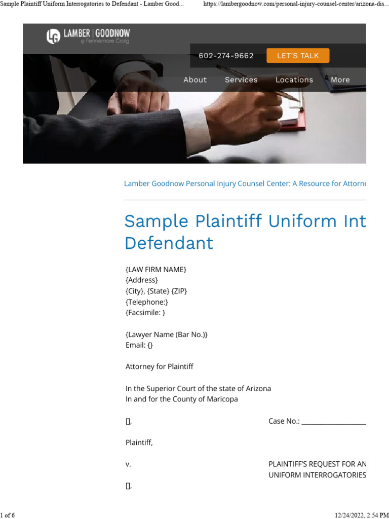 Sample Plaintiff Uniform Interrogatories To Defendant - Lamber Goodnow Phoenix | PDF ...