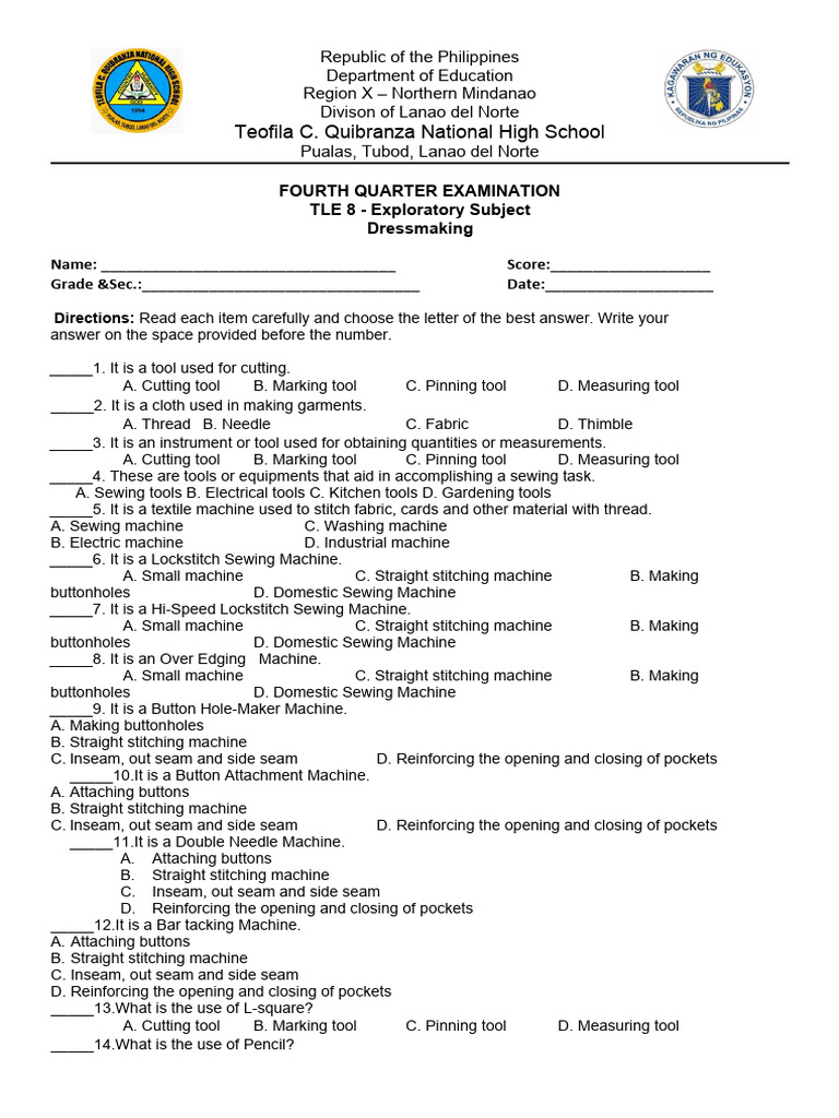 Grade 8 Dressmaking Exam | PDF | Sewing | Sewing Machine