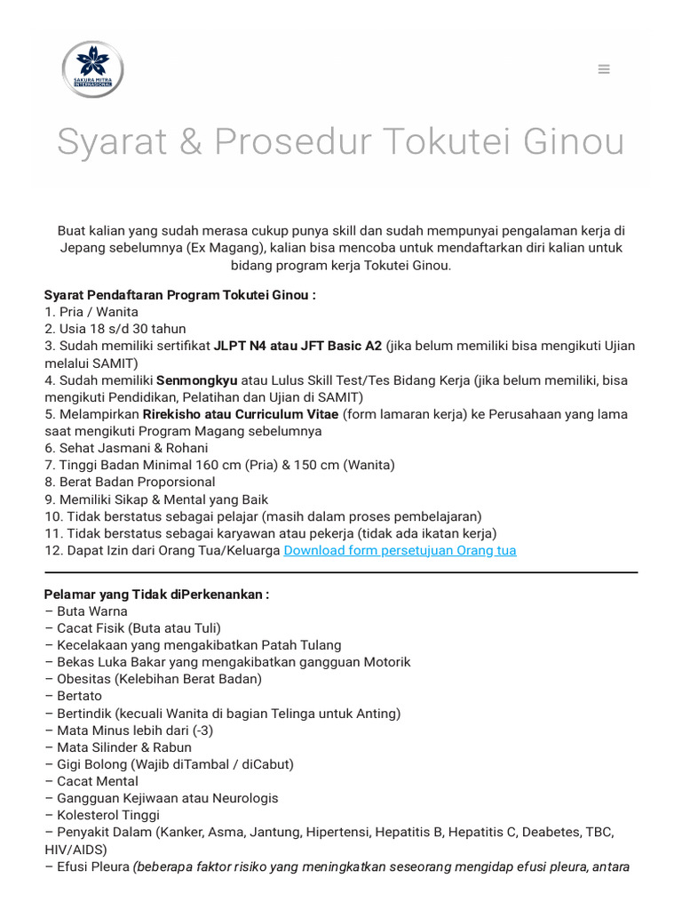 Syarat & Prosedur Tokutei Ginou - LPK SAMIT Lembaga Pelatihan Da | PDF
