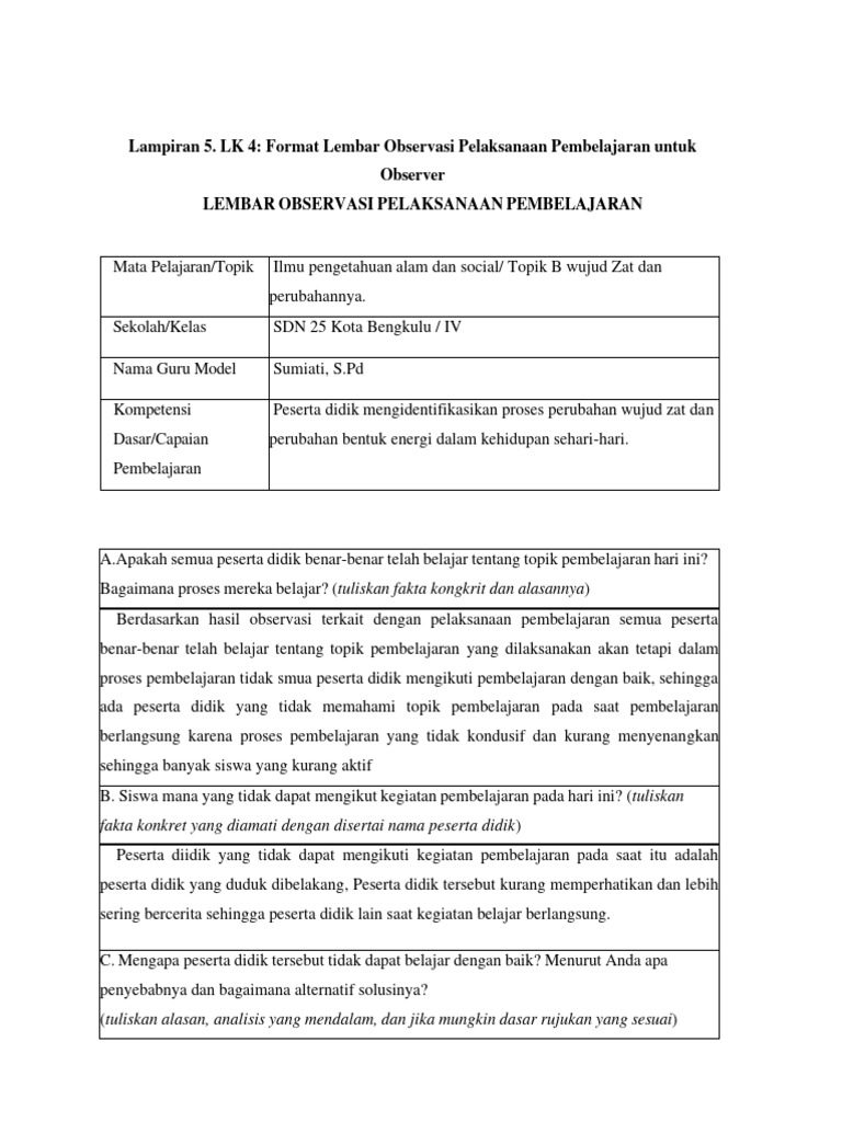 5.Lampiran 5. LK 4.2 Lembar Observasi Pelaksanaan Pembelajaran untuk Observer | PDF
