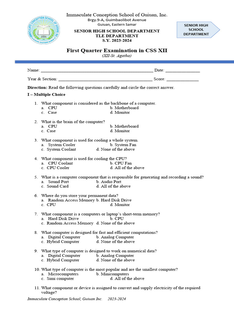 CSS XII First Quarter Exam 2023-2024 | PDF | Bios | Computer Data Storage