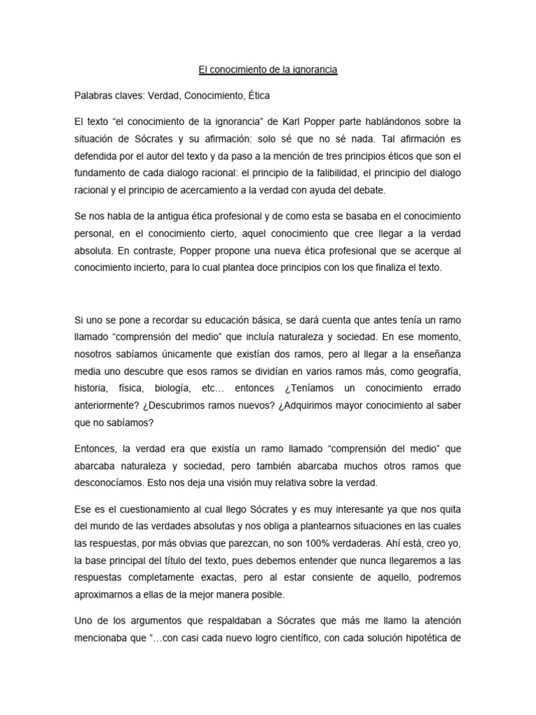 El Conocimiento De La Ignorancia Pdf Conocimiento Verdad