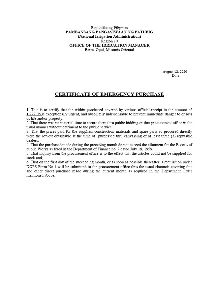 Emergency Purchase Certificate Template | PDF | Procurement | Economies