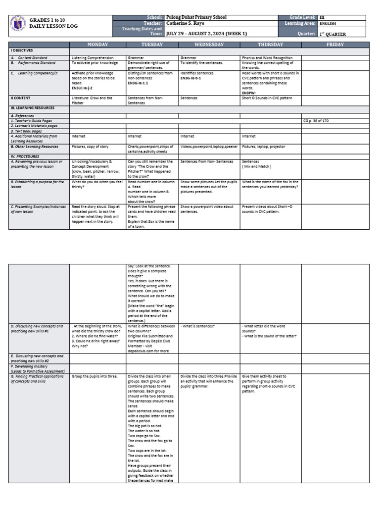 DLL - English 3 - Q1 - W1 | PDF | Reading Comprehension | Learning