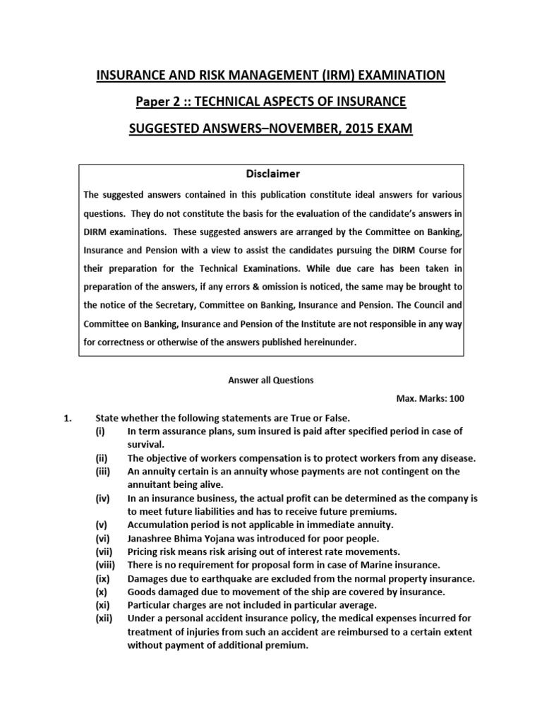 Insurance and Risk Management (Irm) Examination Paper 2:: Technical ...