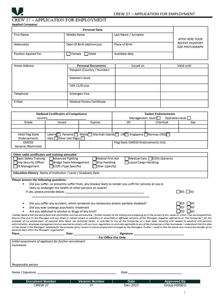 Crew 27 Employment Application Form | PDF | Oil Tanker | Shipping