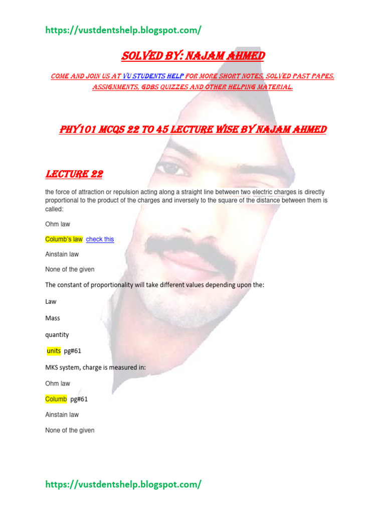 Phy101 Mcqs 22 To 45 Lecture Wise by Najam Ahmed 1 PDF | PDF | Magnetic Field | Light