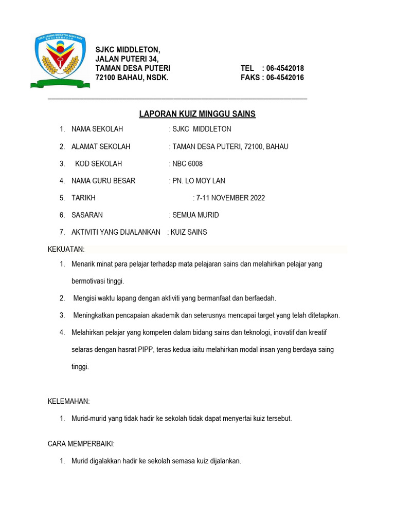 Laporan Kuiz Sains 2022 | PDF | Sains & Matematika