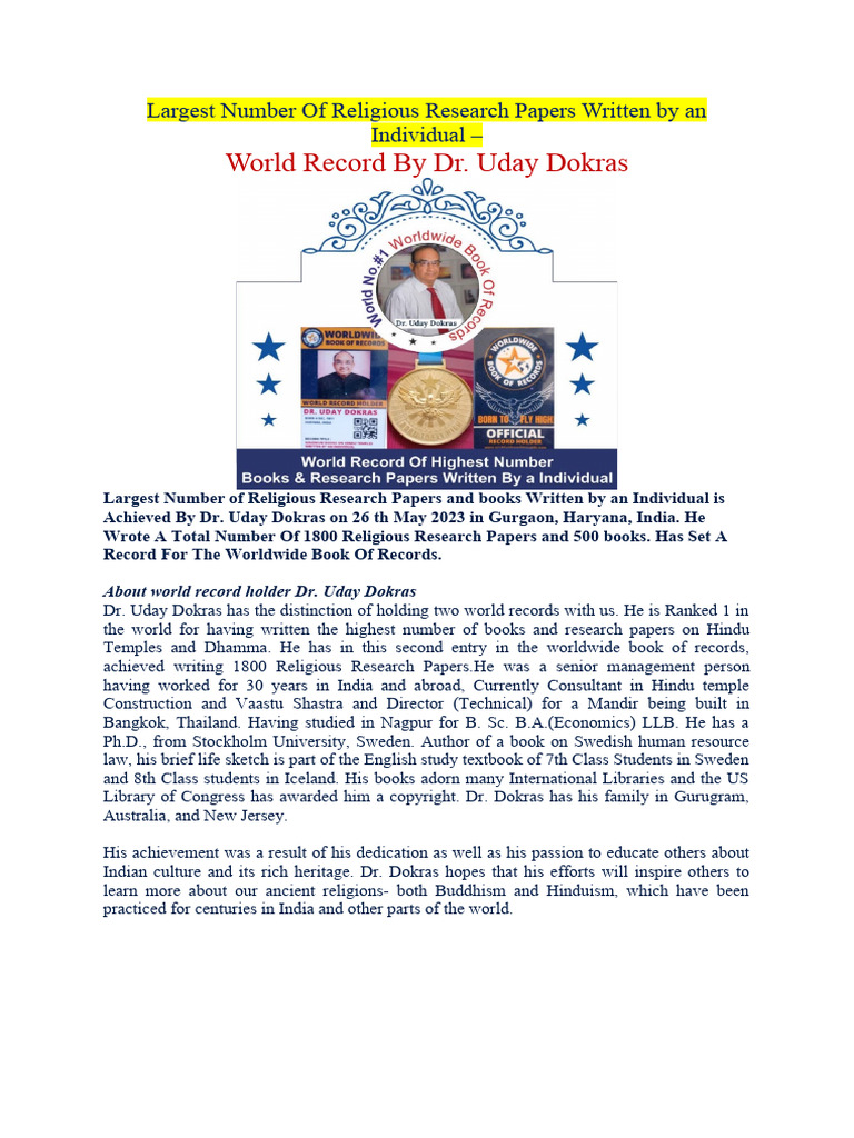 WRITE UP Largest Number of Religious Research Papers Written by An ...