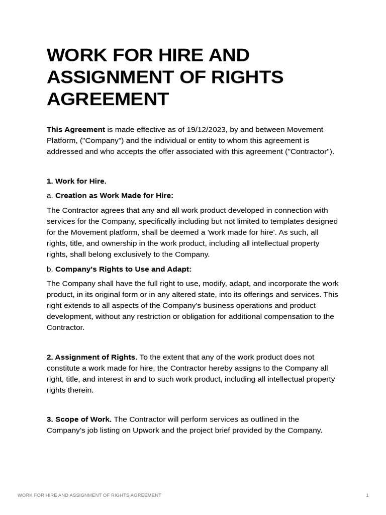 Work for Hire Rights Agreement | PDF | Indemnity | Civil Law (Common Law)