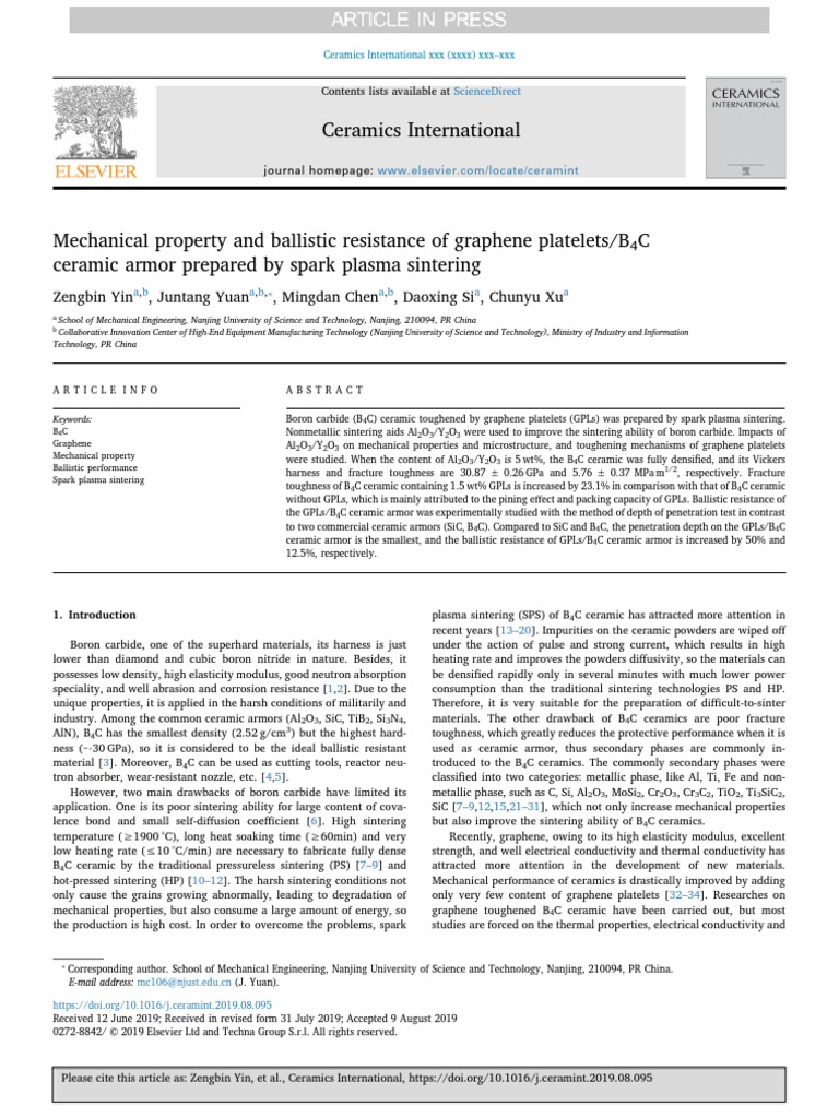Mechanical Property and Ballistic Resistance of Graphene platelets-B4C ...