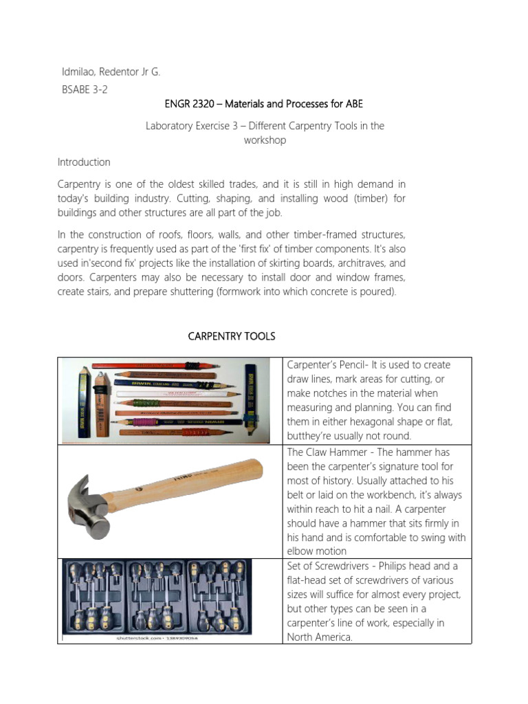 Idmilao - Redentor JR G. - Bsabe 3-2 - Lab Exercise 3 | PDF | Carpentry | Drill