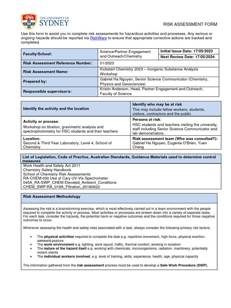 Risk Assessment for Chemistry Workshop | PDF | Risk | Risk Assessment