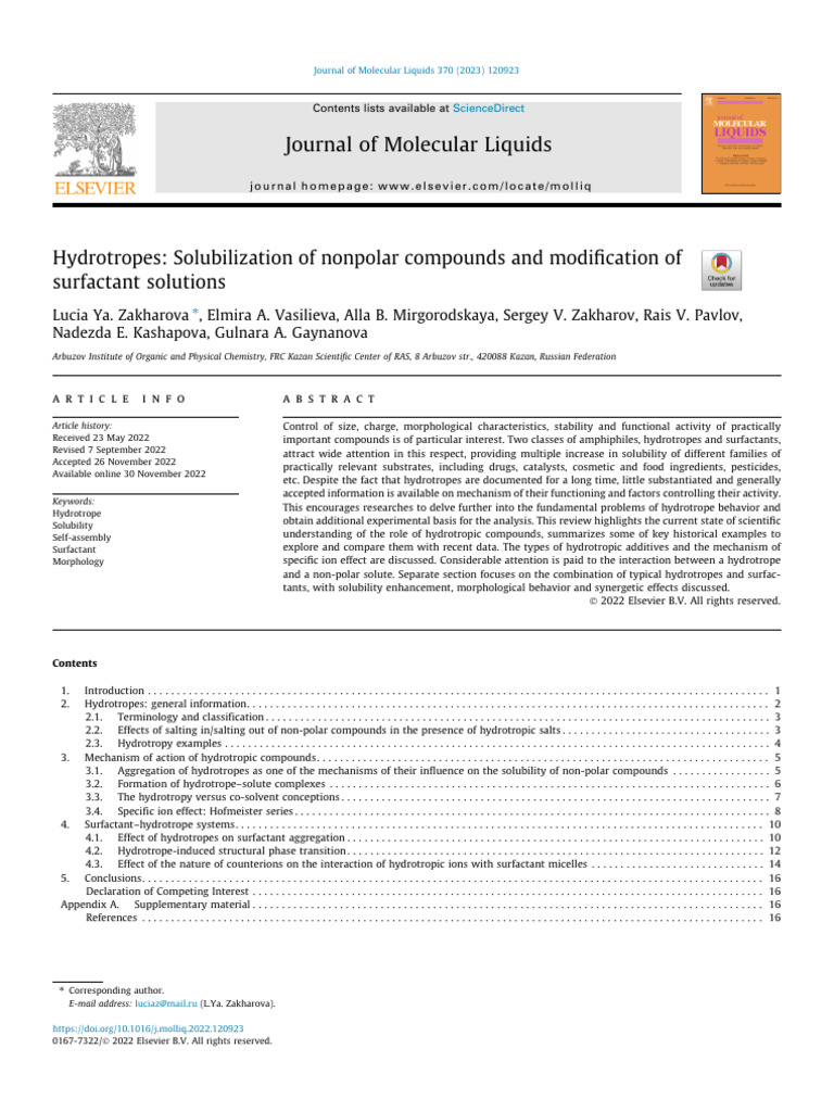 Hydrotropes Solubilization of Nonpolar Compounds and Modification of ...