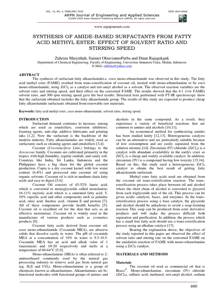 Synthesis of Amide-Based Surfactants From Fatty Acid Methyl Ester ...