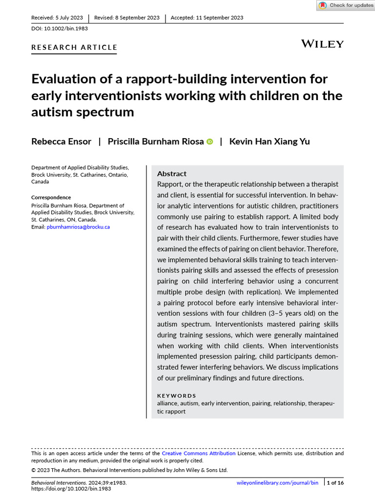 Behavioral Interventions - 2023 - Ensor - Evaluation of A Rapport ...