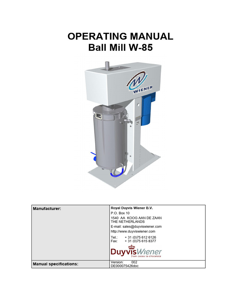 Duyvis Wiener W-85 Ball Mill Manual | PDF | Safety | Mill (Grinding)