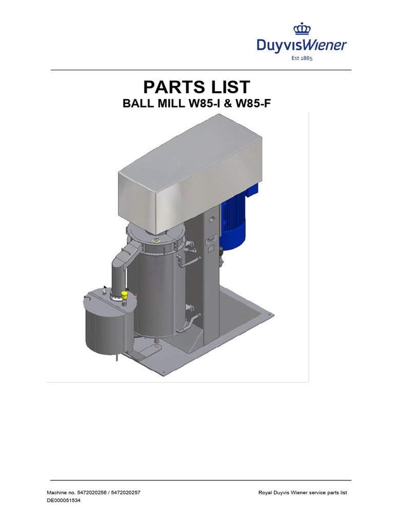 Duyvis Wiener Ball Mill Parts List | PDF | Screw | Mechanical Engineering