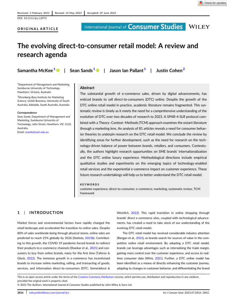 Bai 4. Int J Consumer Studies - 2023 - McKee - The evolving direct‐to ...