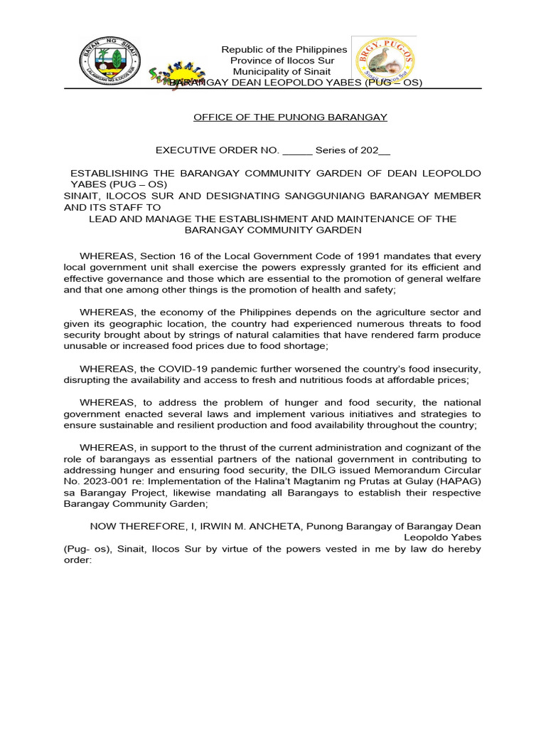 Eo Designating SBM To Manage Barangay Community Garden | PDF | Food ...