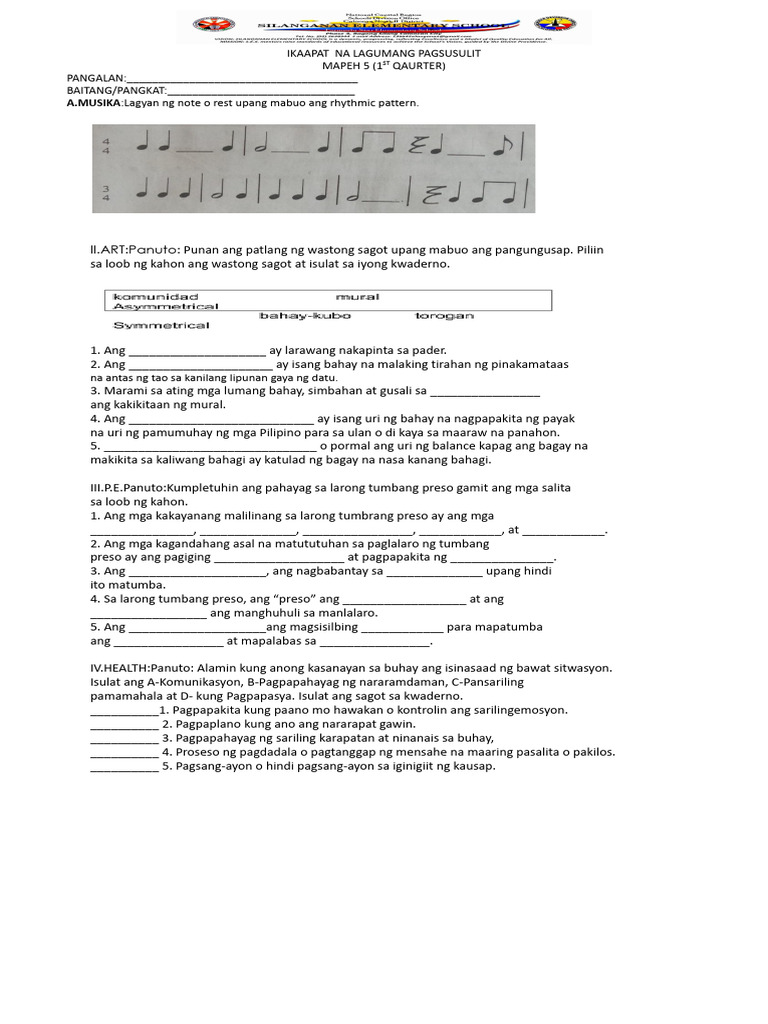 grade 5 exam mapeh 3 | PDF