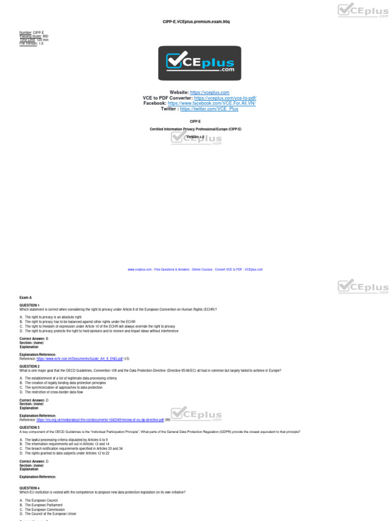 IAPP Premium CIPP-E by - VCEplus 90q-DEMO | PDF | Privacy