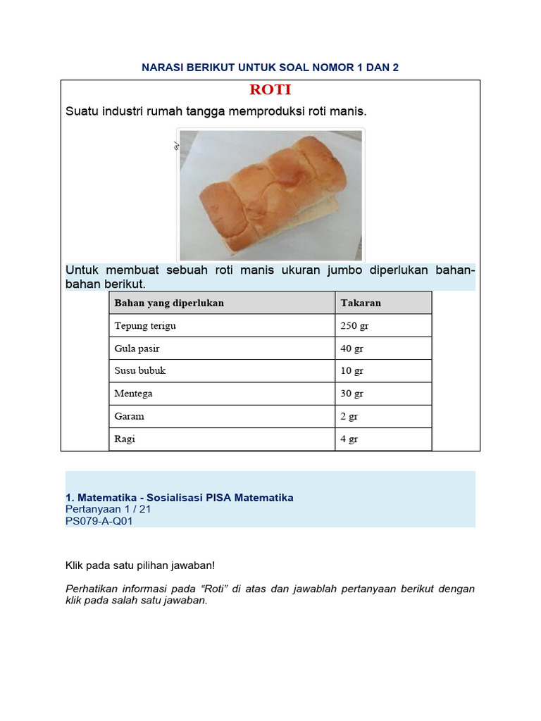 PISA 2020: Soal Matematika Roti | PDF