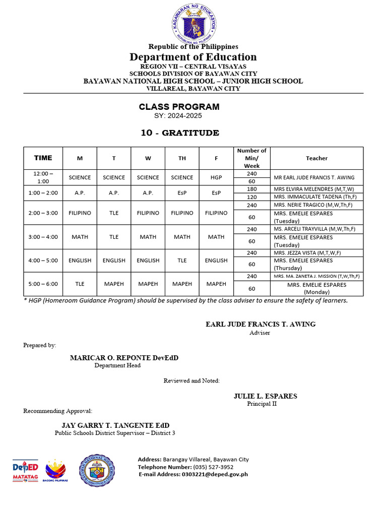 Awing-Class-Program_JHS-2024-2025 | PDF | Teachers | Behavior Modification