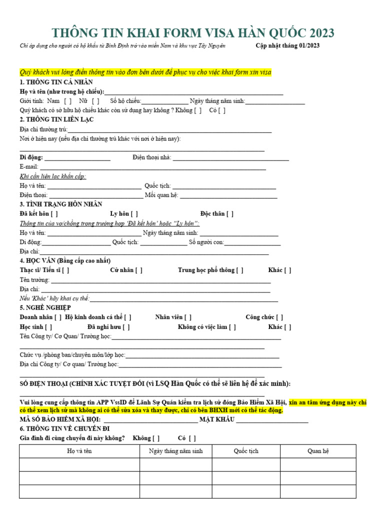 Form Visa Hàn 2023 | PDF