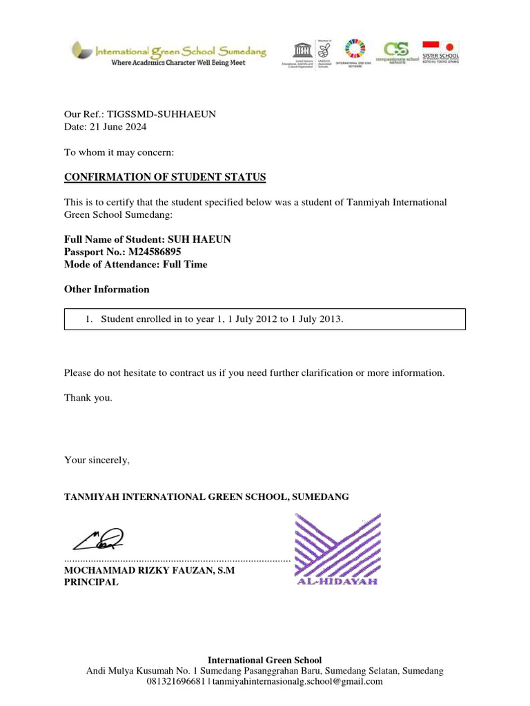 Confirmation of Student Status TIGS | PDF