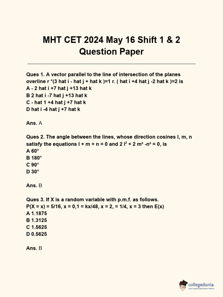 MHT CET 2024 May 16 Shift 1 2 Question Paper PCM | PDF | Teaching ...
