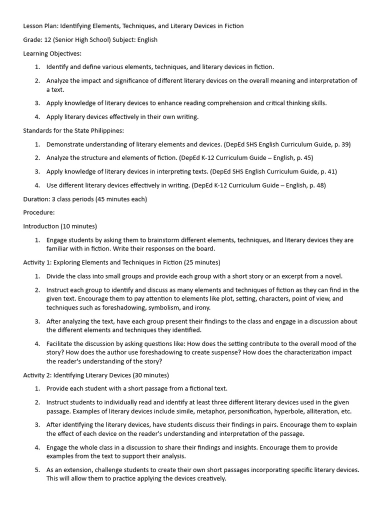 Fiction Elements and Literary Devices Lesson | PDF | Reading ...