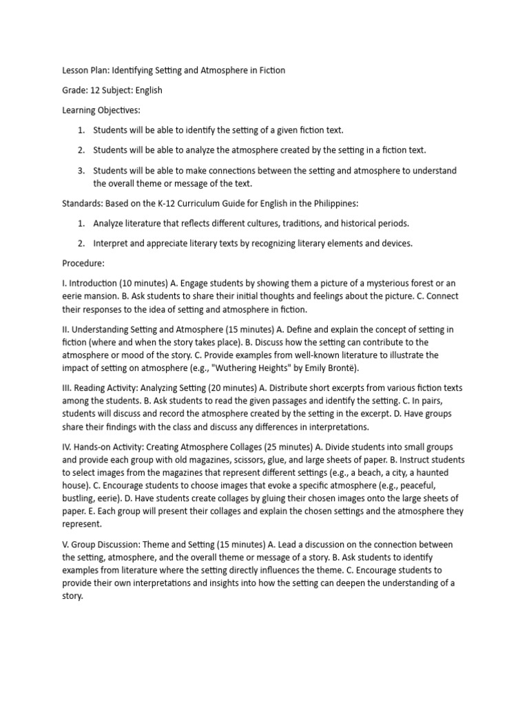Lesson Plan On Identifying Settings and Atmosphere | PDF | Lesson Plan ...