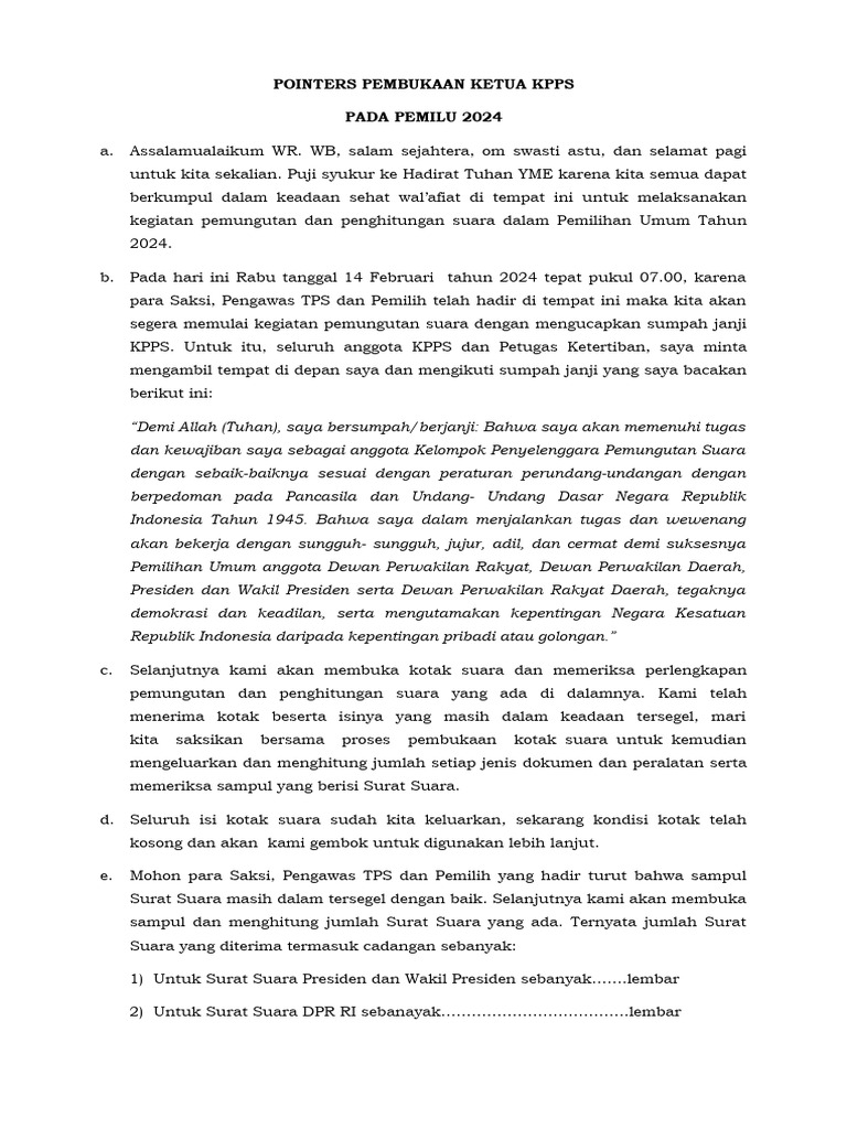 Pointers Pembukaan Ketua KPPS Pemilu 2024 | PDF