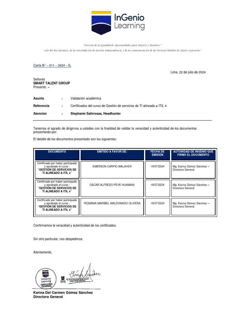 011 - Carta de Respuesta - Certificados - SMART TALENT GROUP | PDF