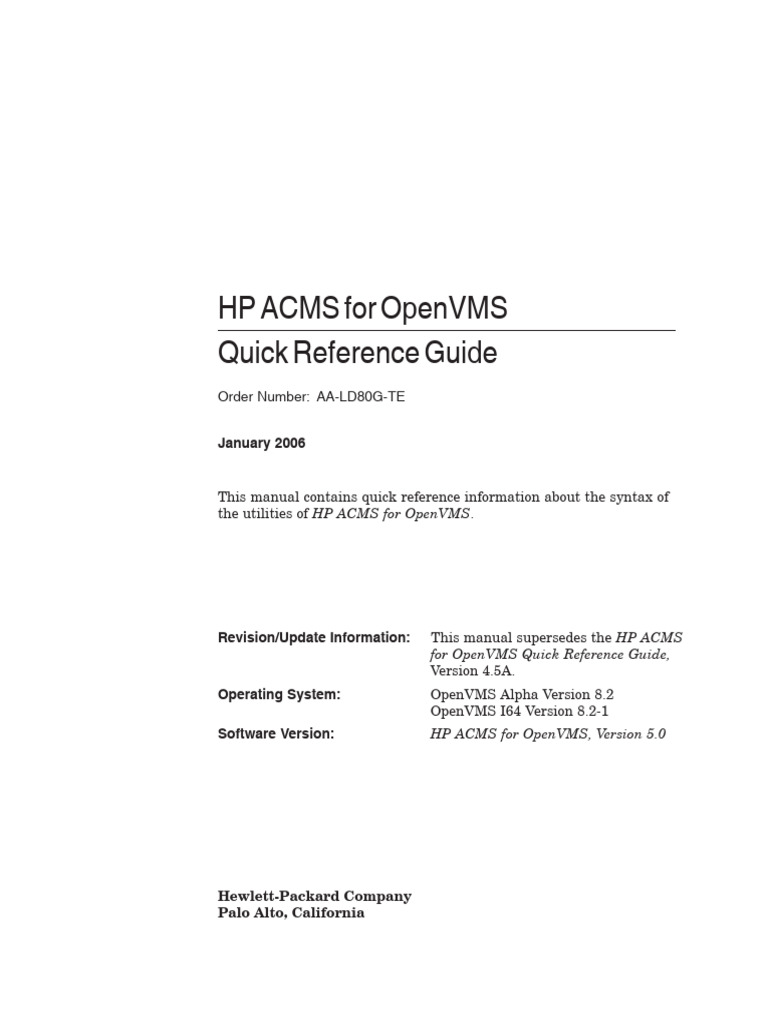 HP ACMS For Open VMS Quick Reference Guide | PDF | Oracle Corporation | Hewlett Packard