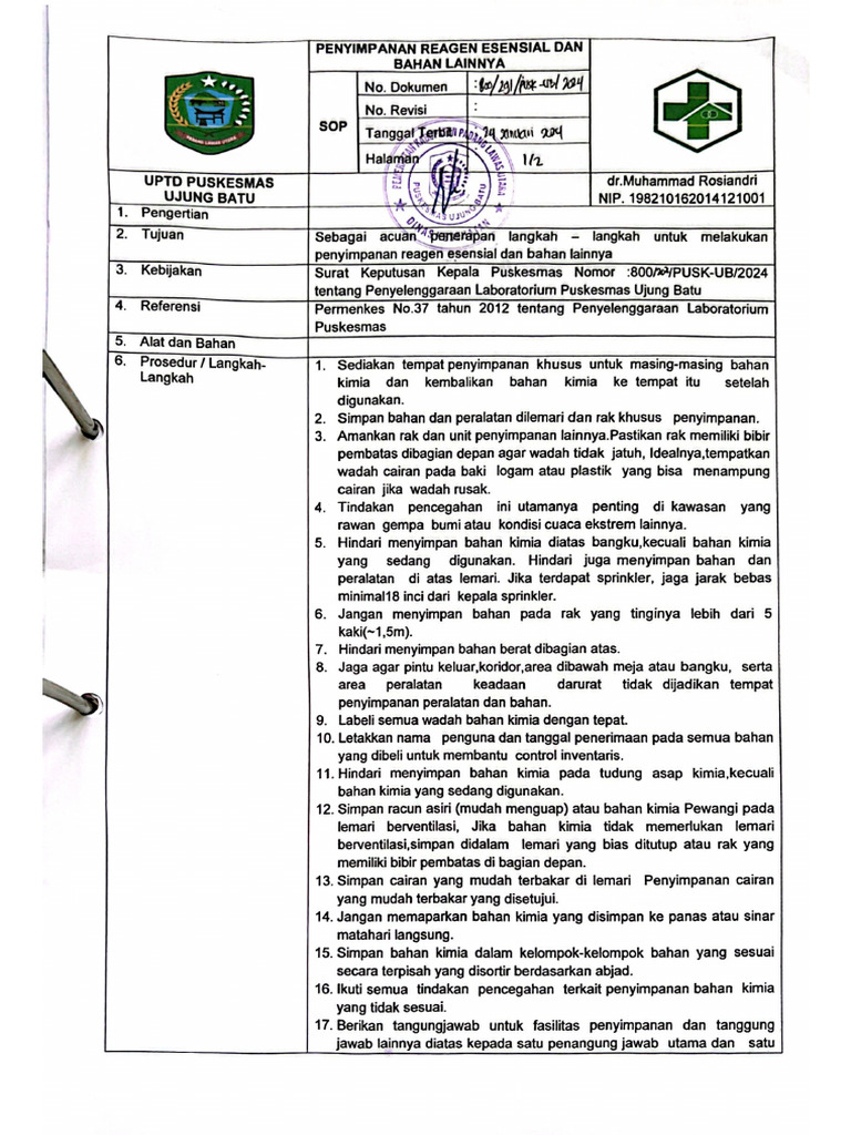 SOP Penyimpanan Reagen Esensial Dan Baha | PDF