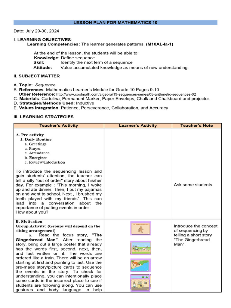 Lesson Plan in Math 10 Sequence | PDF | Sequence | Learning