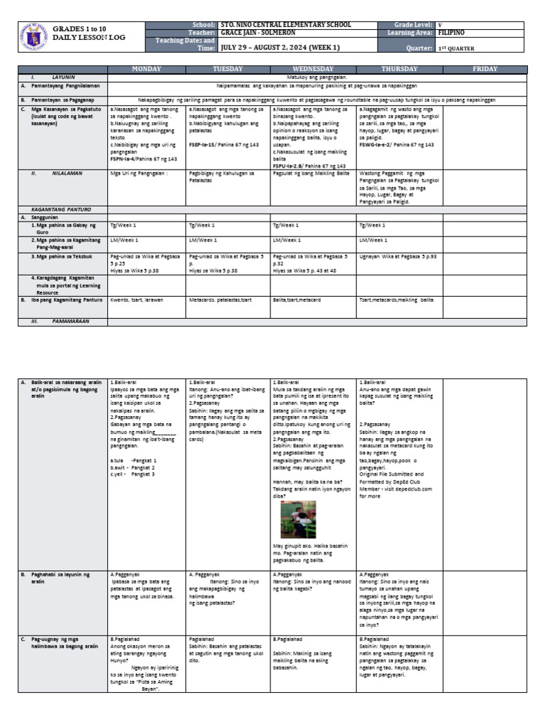 DLL - Filipino 5 - Q1 - W1 | PDF
