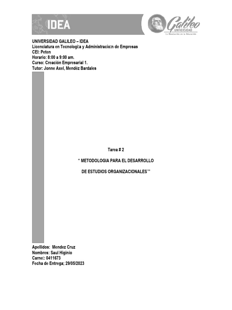 Tarea 2 Creacion Empresarial 1 SHMC | PDF | Business | Planificación