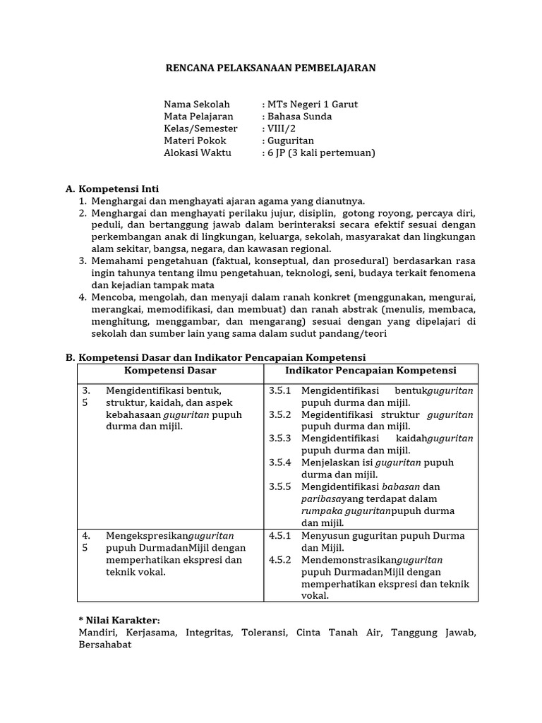 RPP Bahasa Sunda: Guguritan Kelas VIII | PDF