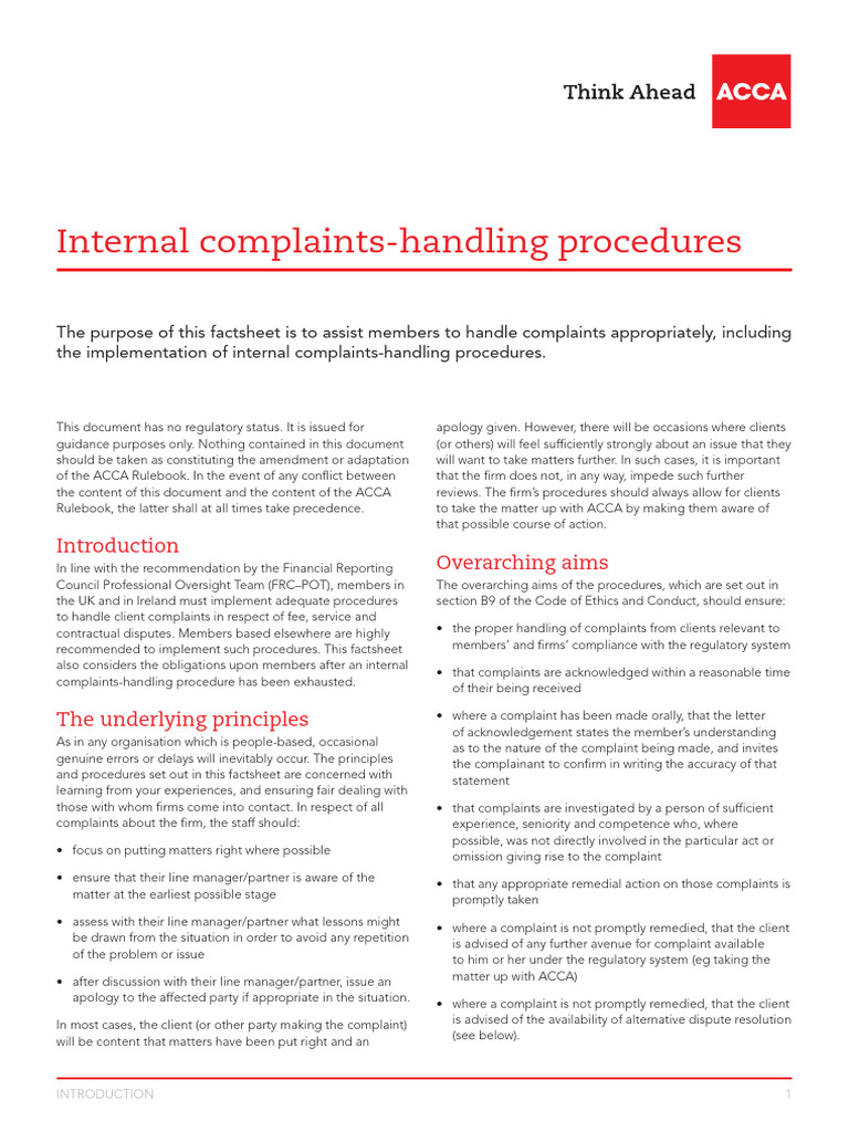 Internal Complaints Handling Procedures | Download Free PDF ...