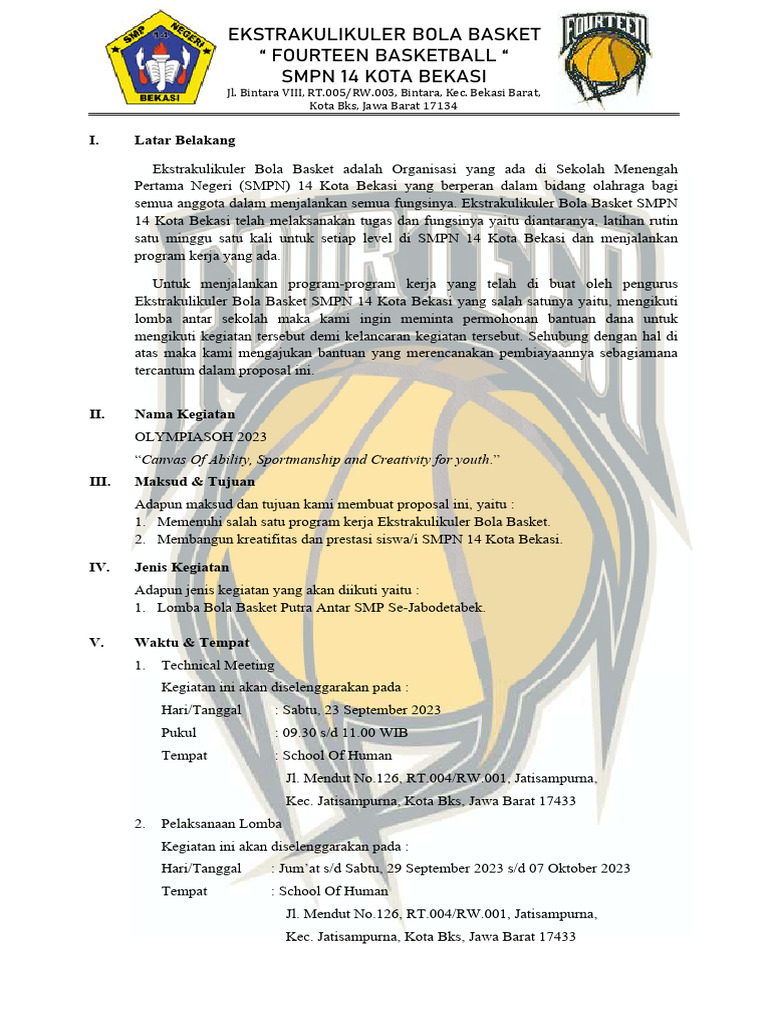 Proposal Lomba Eskul Basket SMPN 14 Bekasi | PDF