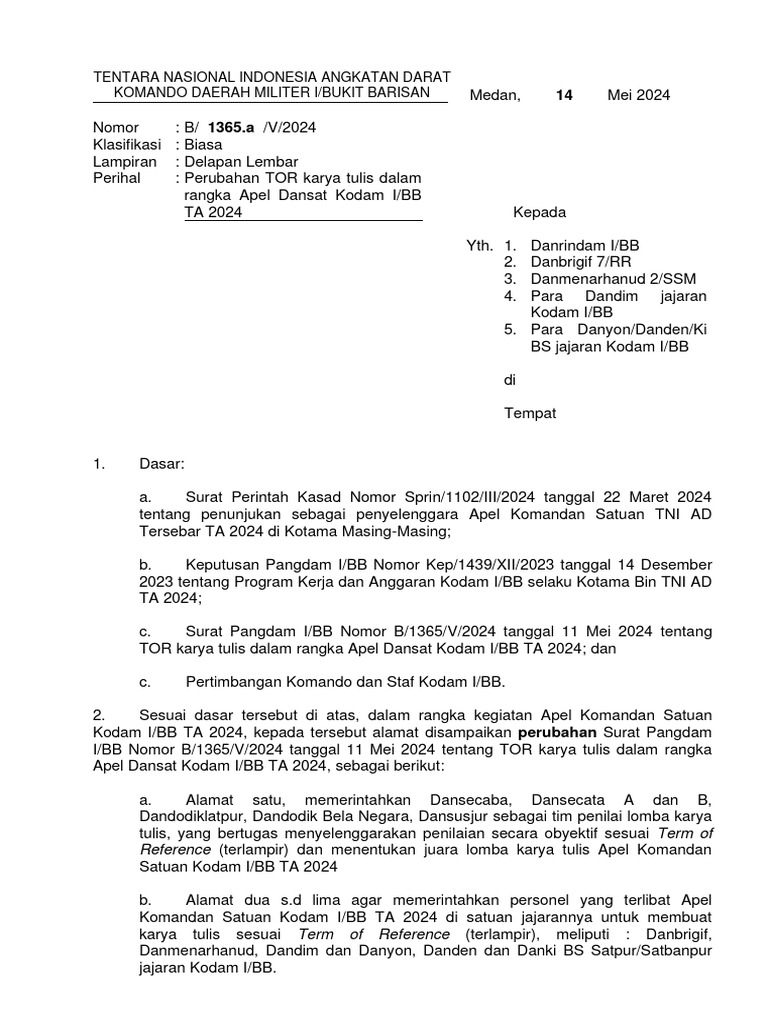 Tor KPD Peserta Apel Dansat Kodam I Ta 2024 Baru | PDF