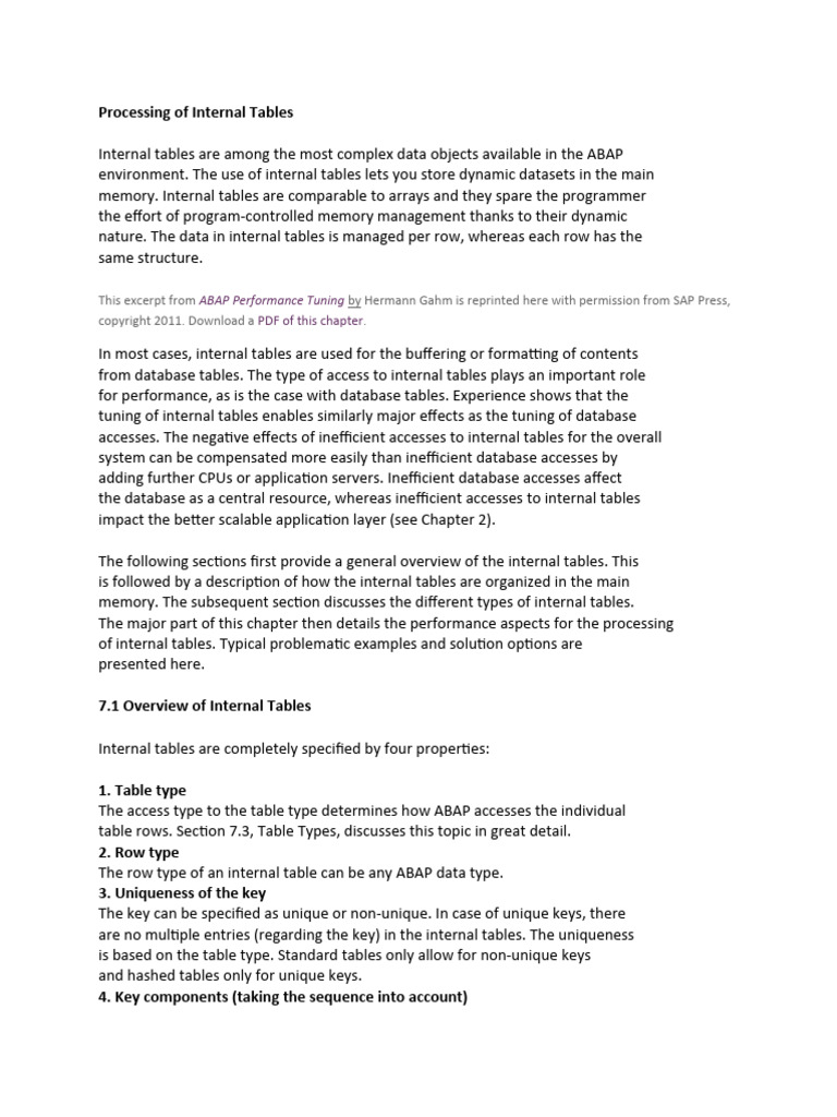Processing Of Internal Tables Pdf Database Index Databases